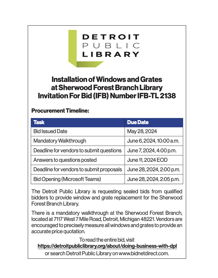 Bid Notice: Installation of Windows and Grates at Sherwood Forest ...